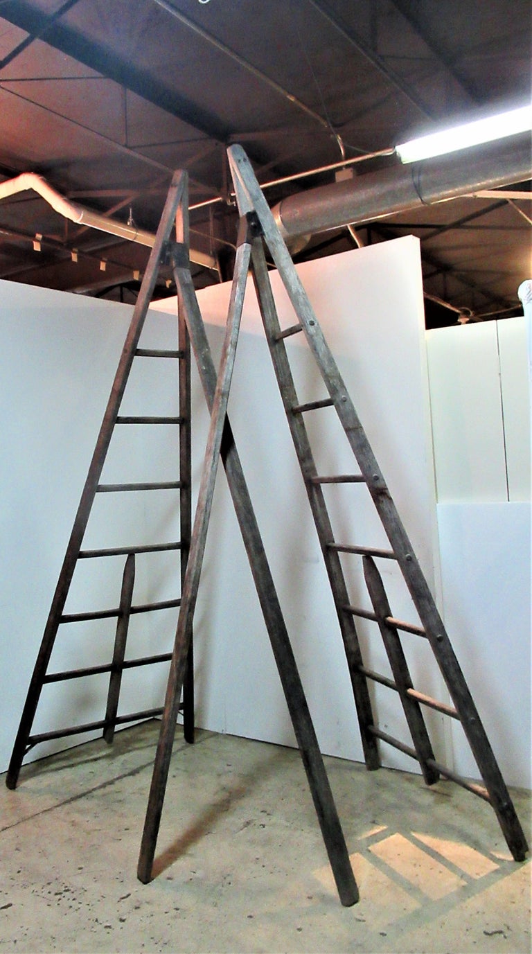 Antique American Wood and Iron A-Frame Peak Top Folding Orchard Ladders ...
