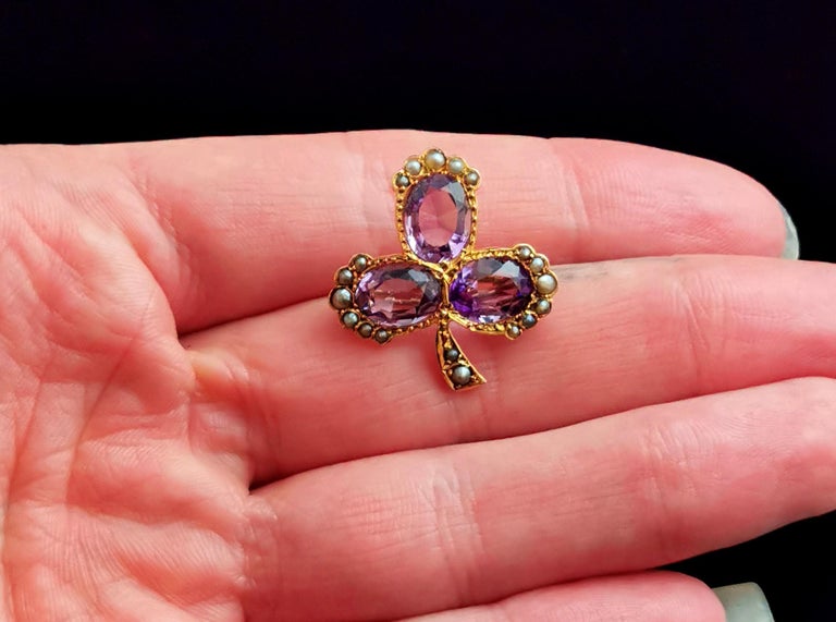Antique Amethyst and Pearl Shamrock Brooch, Clover, 15k Gold, Victorian ...