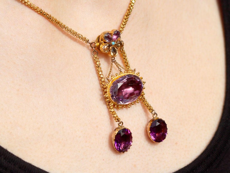 Antique Amethyst Citrine and Turquoise 20K Yellow Gold Drop Necklace ...