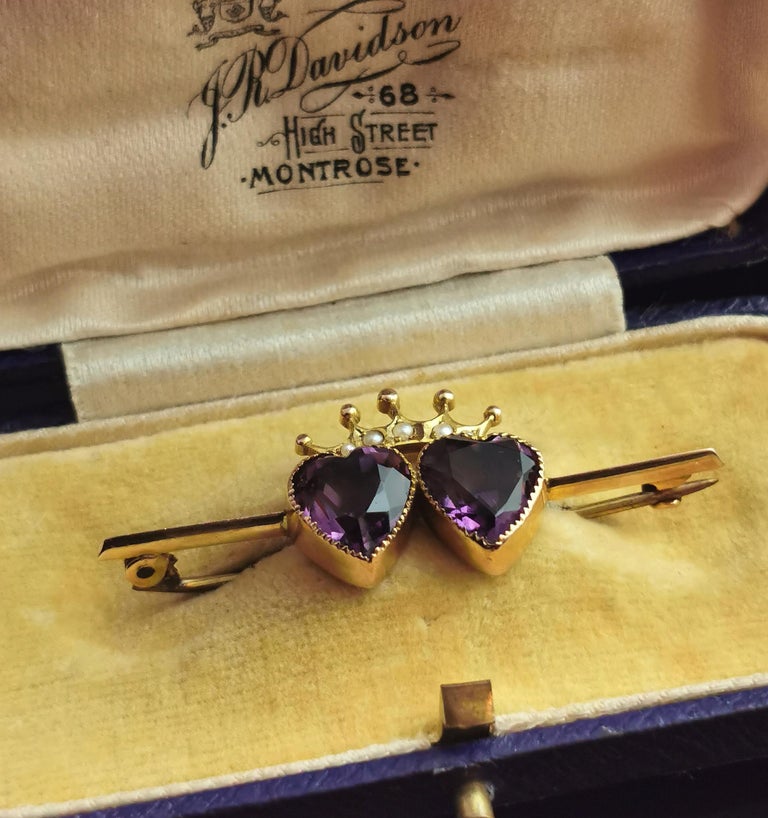 Antique Amethyst Crowned Hearts Brooch, 9k Gold, Seed Pearl, Boxed For ...