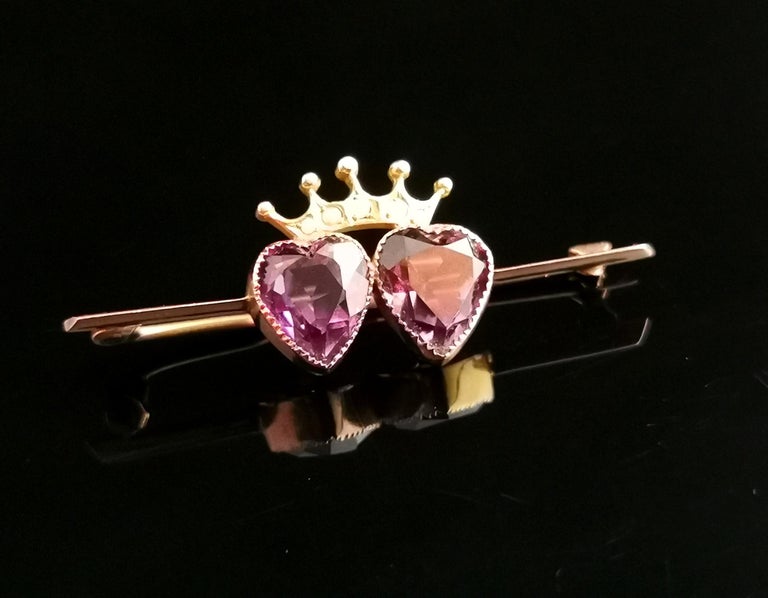 Antique Amethyst Crowned Hearts Brooch, 9k Gold, Seed Pearl, Boxed For ...