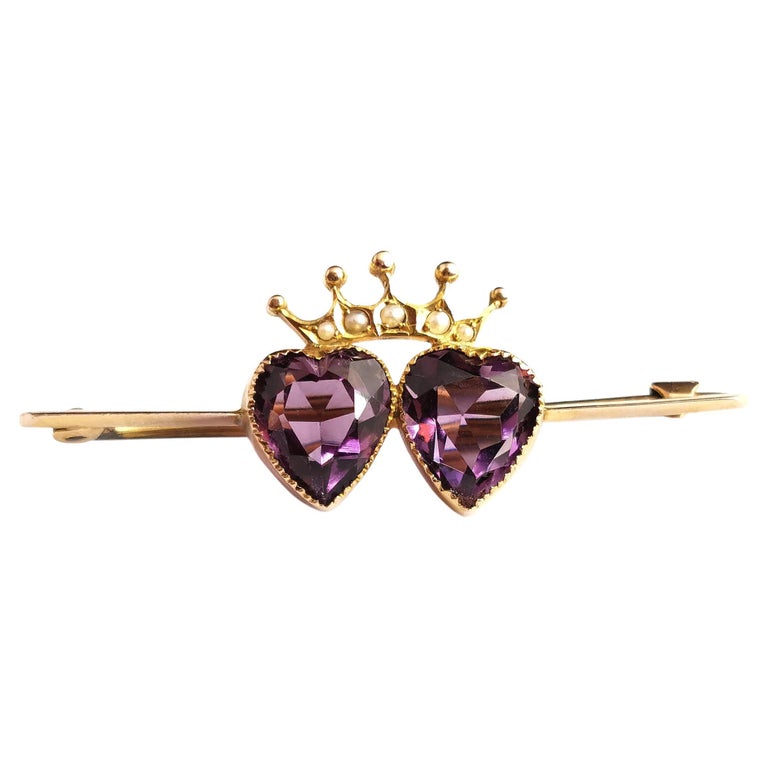 Antique Amethyst Crowned Hearts Brooch, 9k Gold, Seed Pearl, Boxed For ...