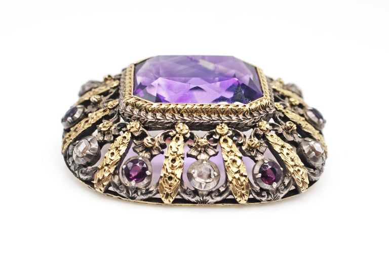 Antique Amethyst Rose Cut Diamond 18 Karat Gold Silver Brooch For Sale ...