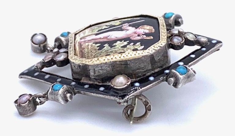 Antique Amor Hunter Landscape Enamel Painting Pearl Turquoise Silver ...