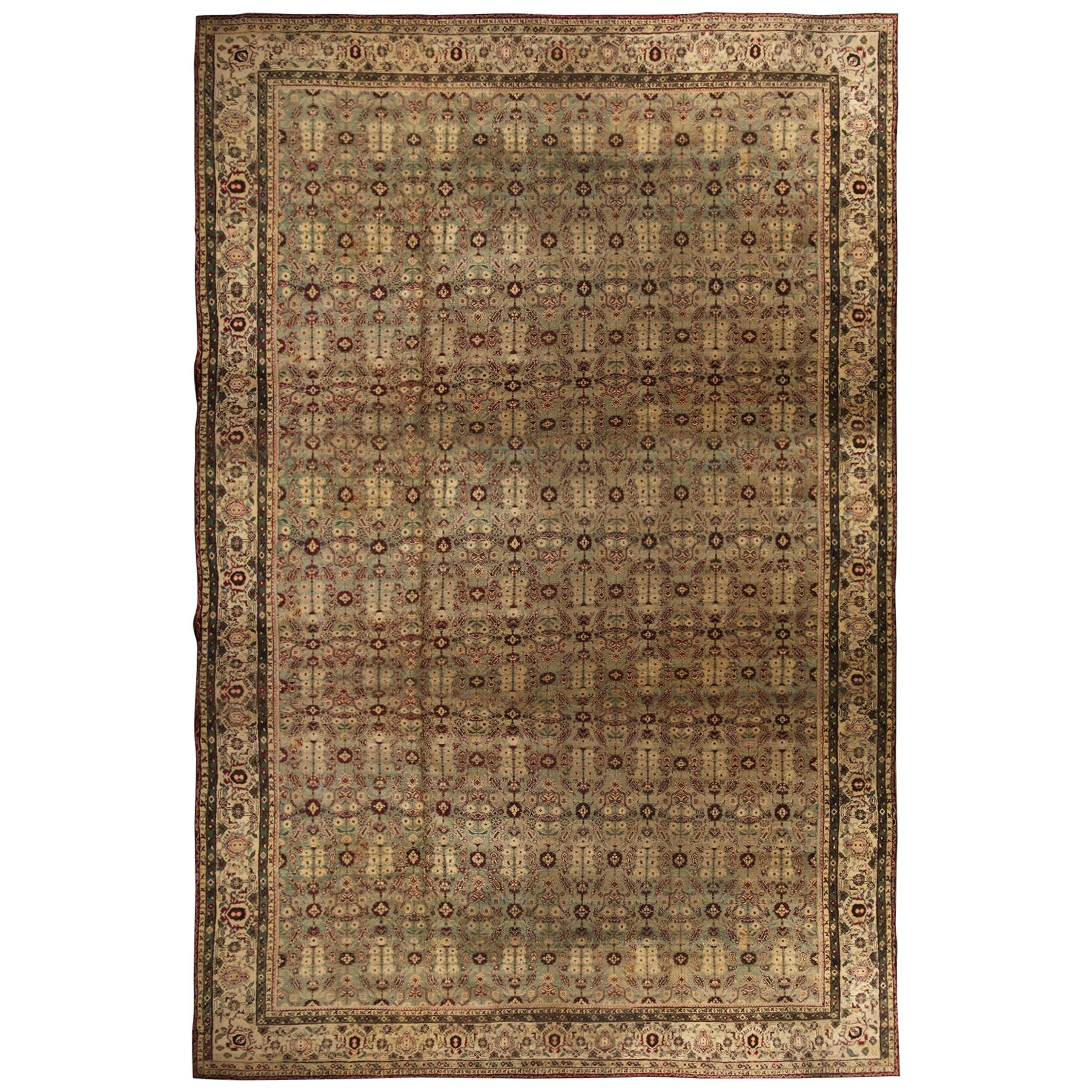 Antique Amritsar Green Blue and Cream White Wool Rug with Burgundy ...