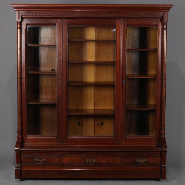Antique and Large Eastlake Carved Walnut and Burl 3-Door Executive ...