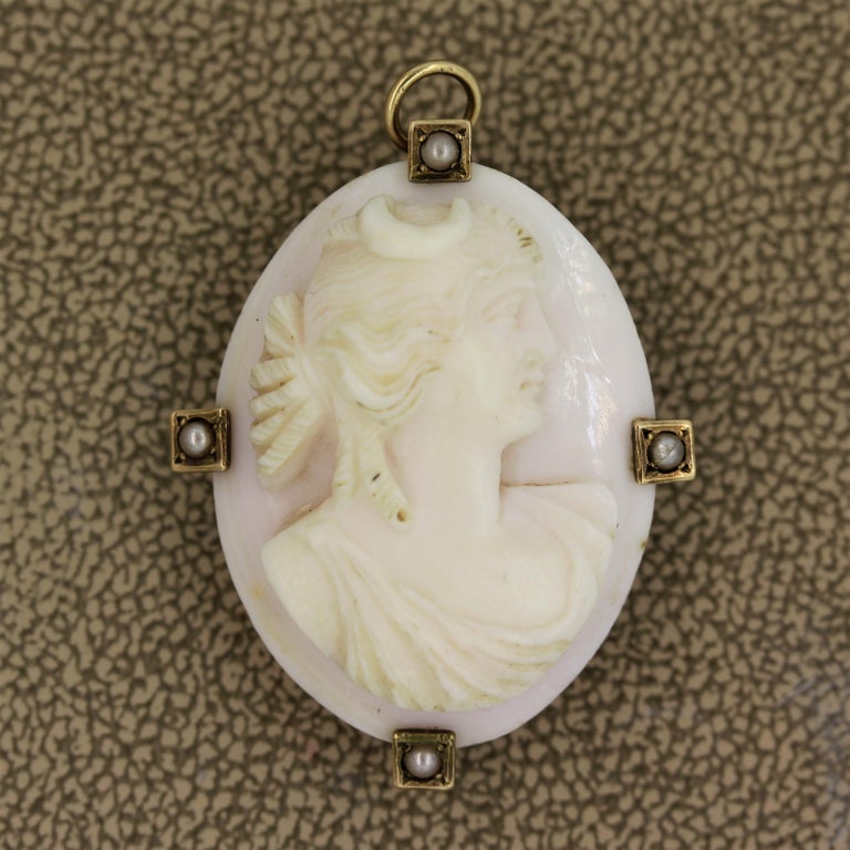 Antique Angel Skin Coral Cameo Seed-Pearl Gold Pendant-Brooch at 1stDibs