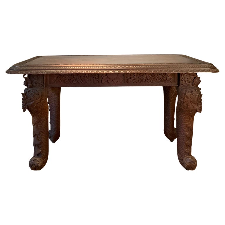 Antique Anglo Indian Carved Teak Table with Koi Design For Sale at 1stDibs