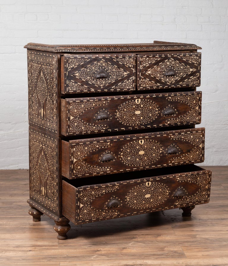 Antique Anglo-Indian Dresser with Bone Inlay, Scrollwork and Foliage ...