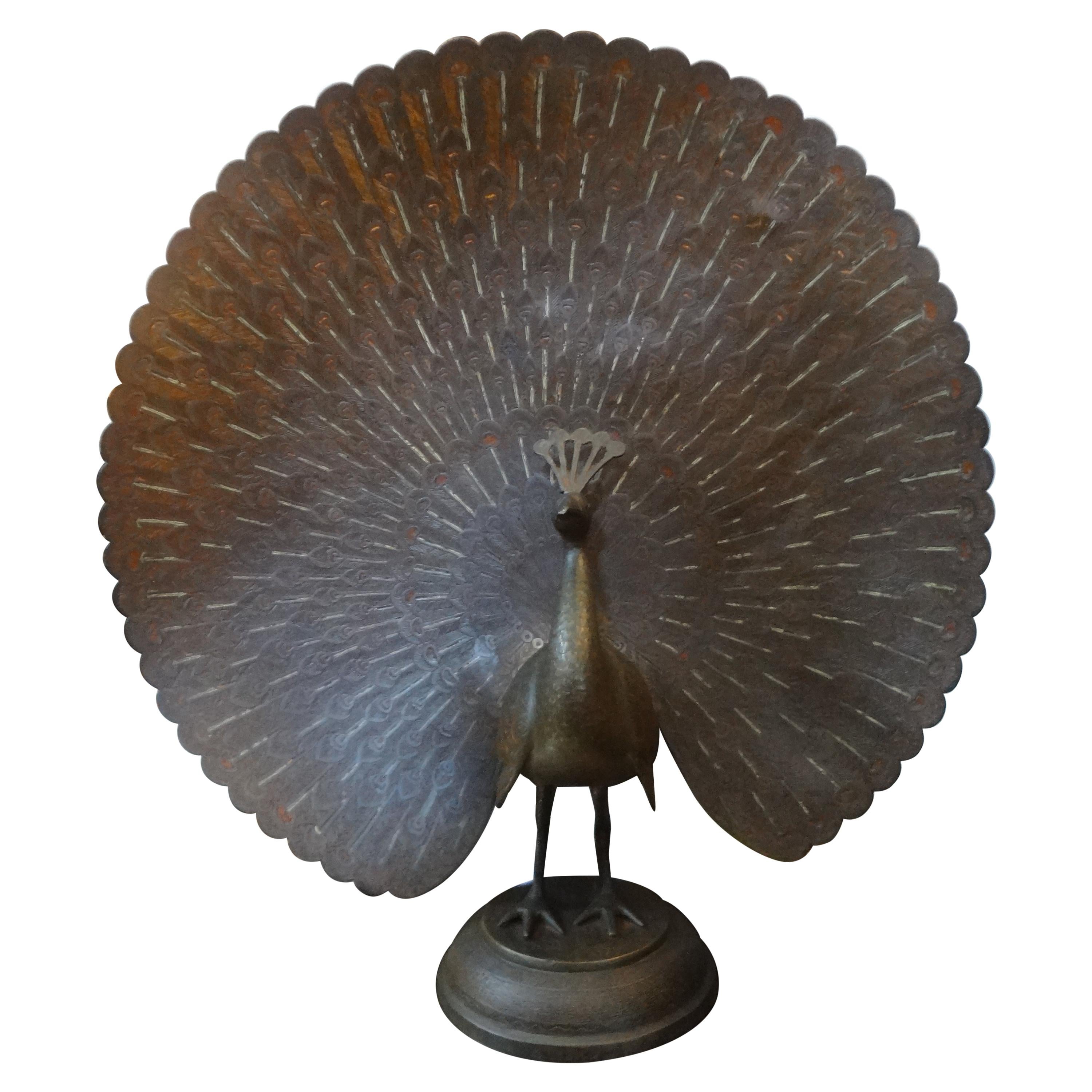 Antique Anglo-Indian Etched and Polychrome Brass Peacock Figure at 1stDibs