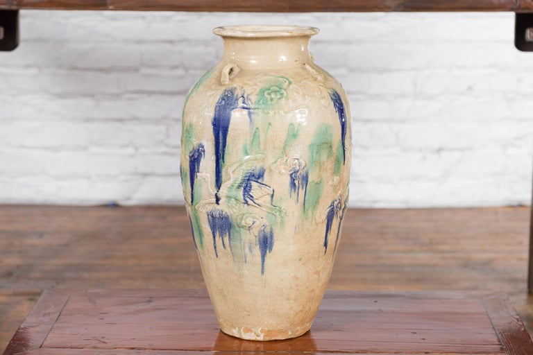 Antique Annamese 19th Century Storage Vessel with Green and Blue Glazed ...