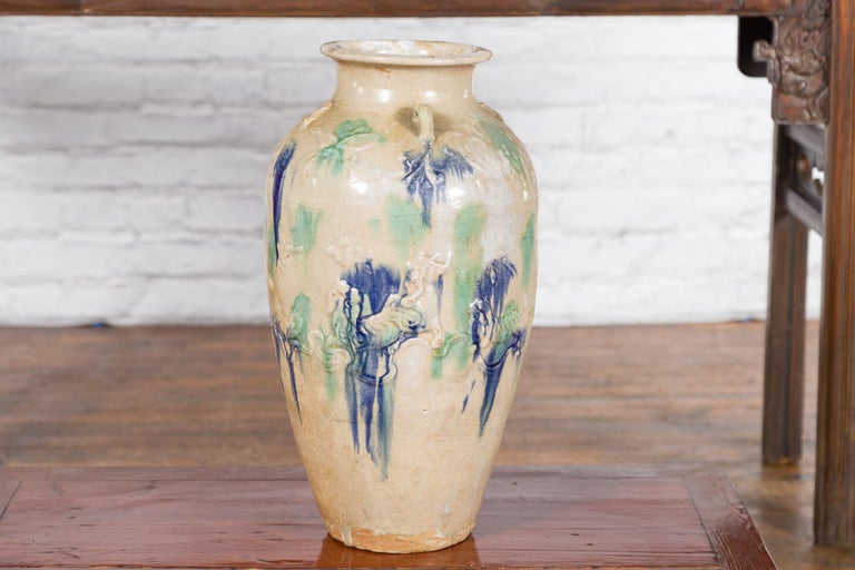 Antique Annamese 19th Century Storage Vessel with Green and Blue Glazed ...