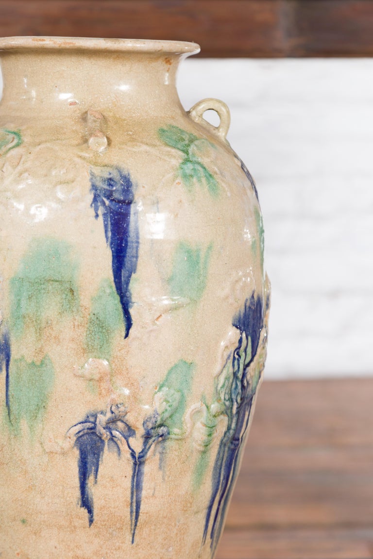 Antique Annamese 19th Century Storage Vessel with Green and Blue Glazed ...