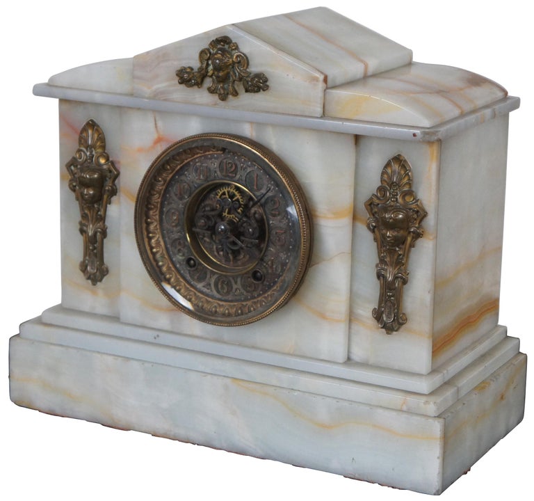 Antique Ansonia White Onyx Mantel Clock Brass Ormolu Caryatid Open ...