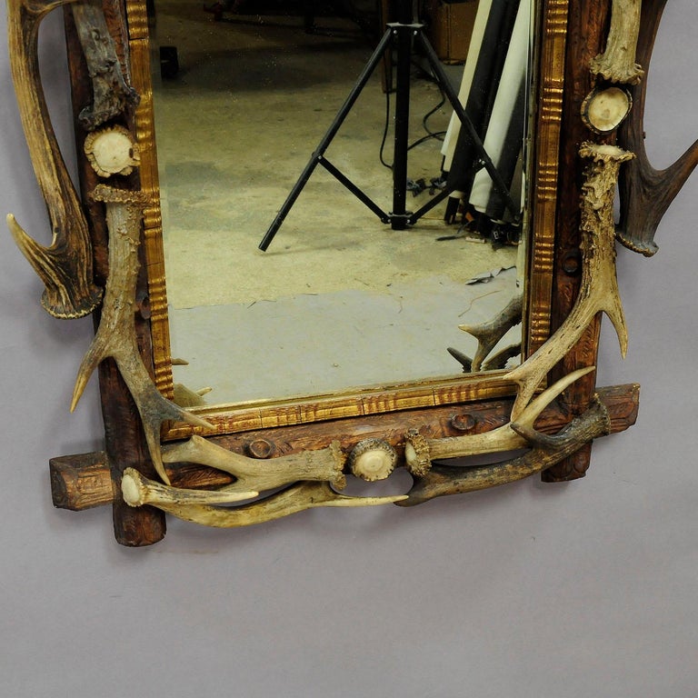 Antique Antler Frame with Rustic Antler Decorations and Mirror at 1stDibs