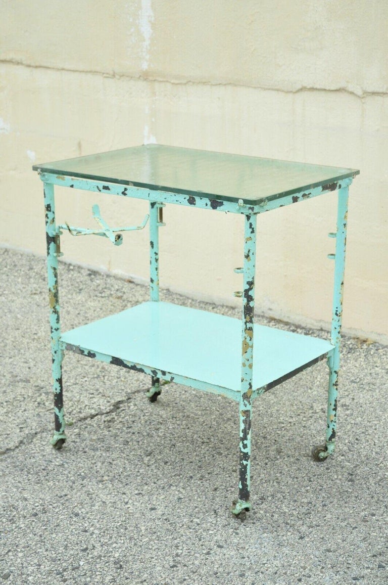 Antique Aqua Blue Distress Paint Metal Glass 2 Tier Medical Dental Cart ...