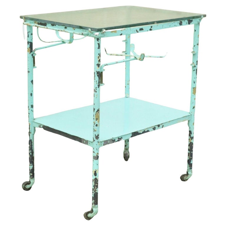Antique Aqua Blue Distress Paint Metal Glass 2 Tier Medical Dental Cart ...
