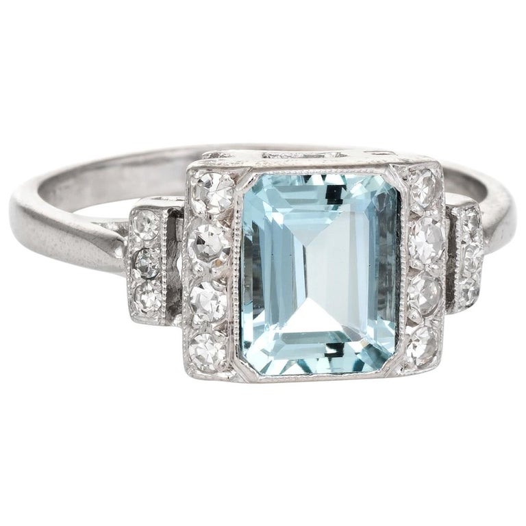 Antique Aquamarine Diamond Engagement Ring Art Deco 18 Karat White Gold ...