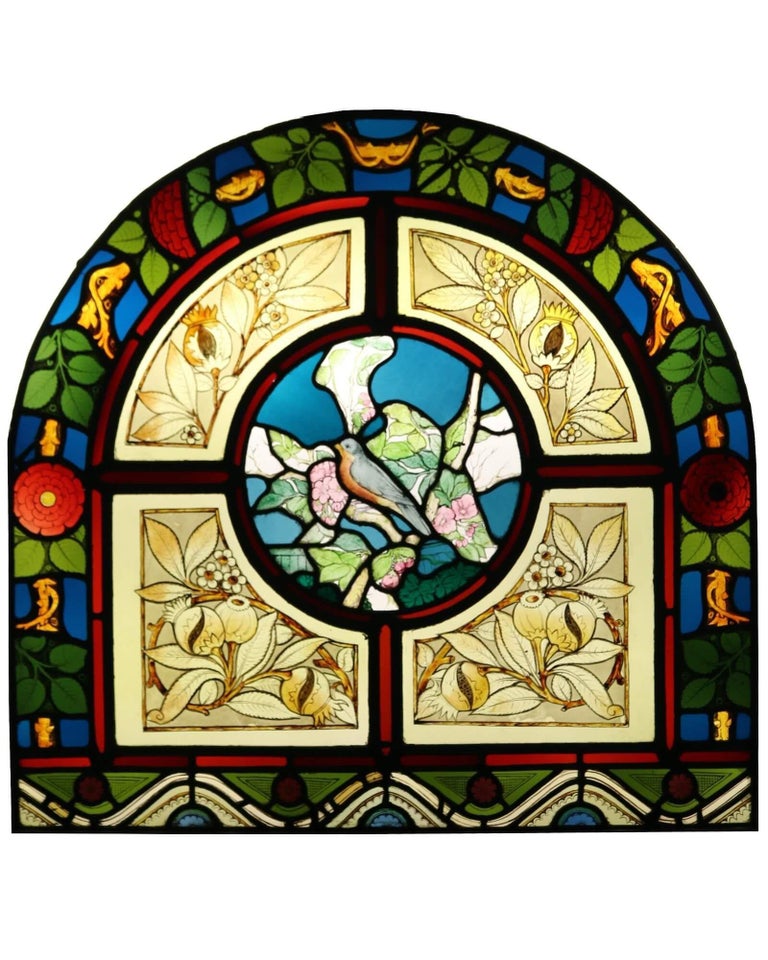 Antique Arched Stained Glass Window Panel For Sale at 1stDibs