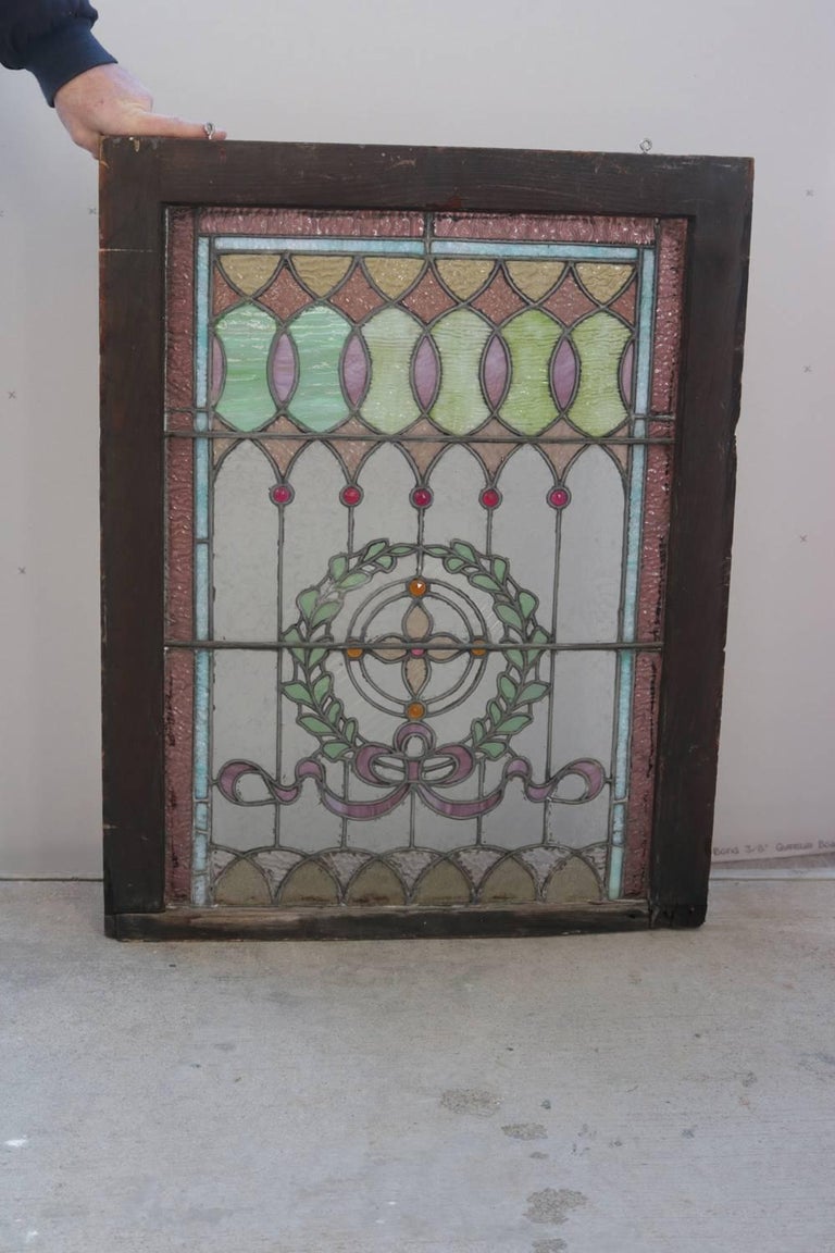 Architectural Leaded Stained and Jewelled Glass Window, Laurel Wreath ...