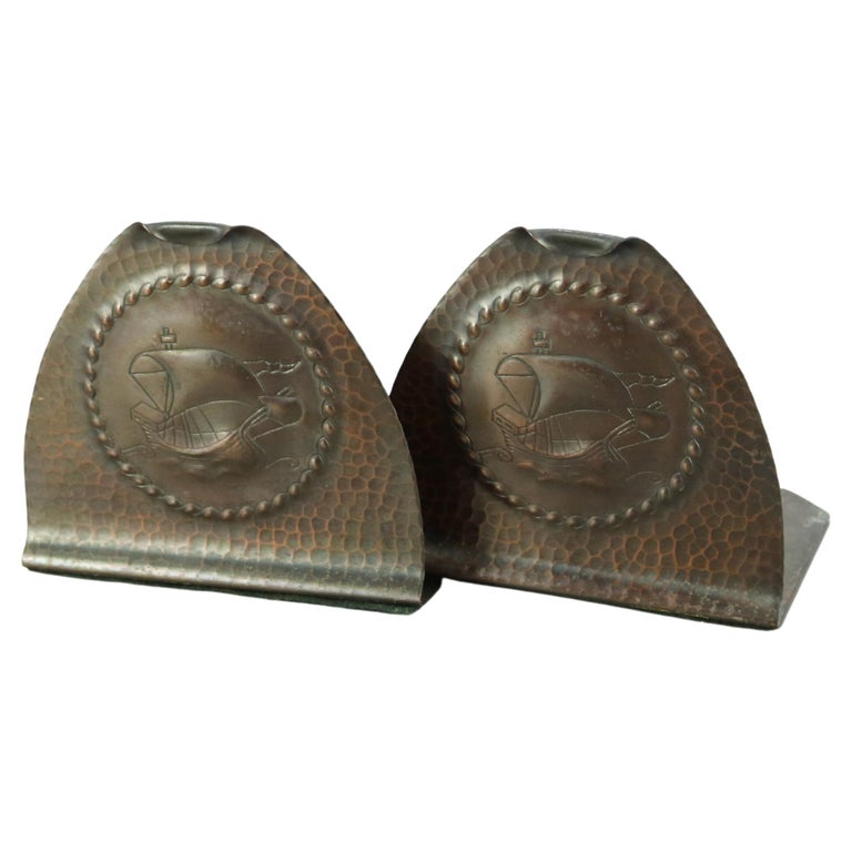 Antique Art and Crafts Pair Roycroft Hammered Copper Ship Bookends ...