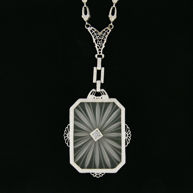 Antique Art Deco 14k Gold Large Camphor Glass Diamond Filigree Pendant ...