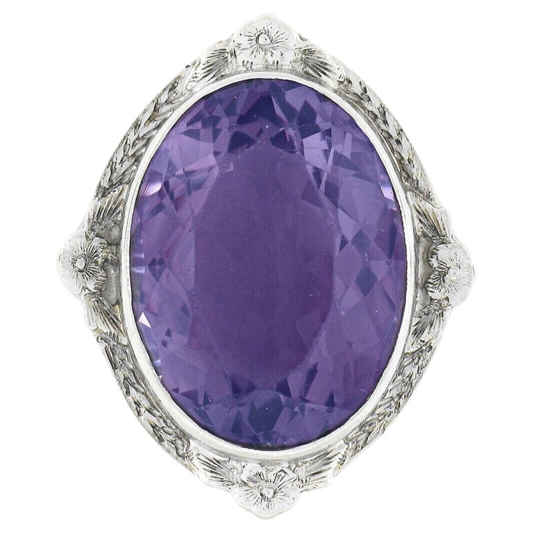Antique Art Deco 14k Gold Oval Bezel Amethyst Filigree Floral Large ...