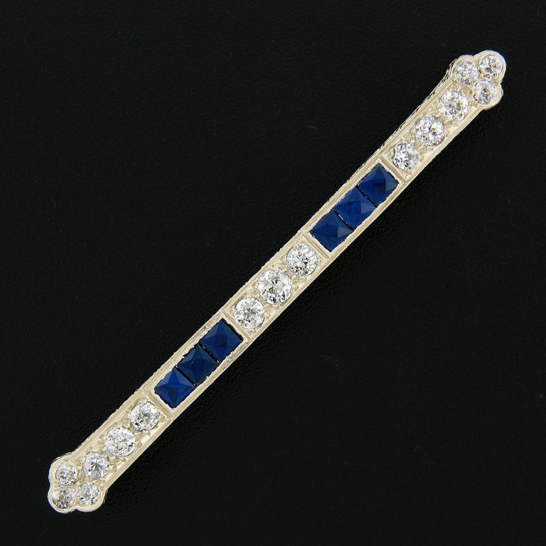 Antique Art Deco 14k White Gold GIA Lab Sapphire and Nat Diamond Bar ...