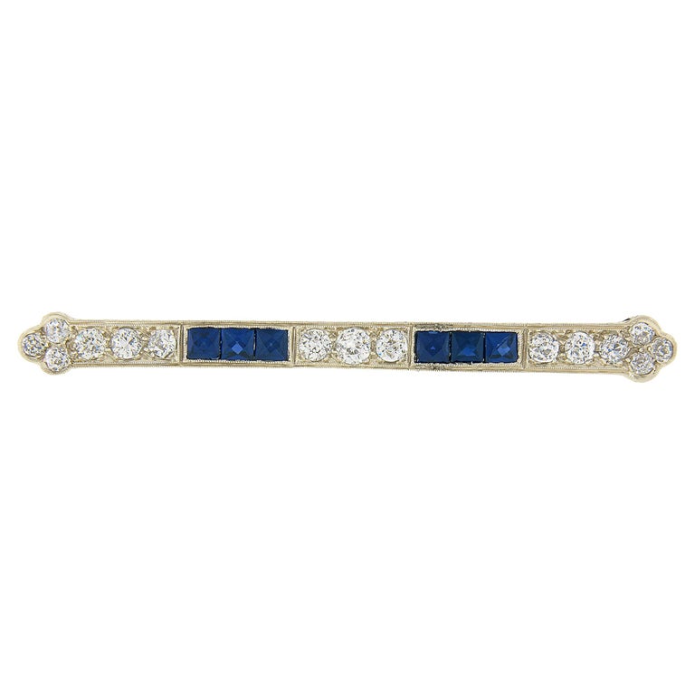 Antique Art Deco 14k White Gold GIA Lab Sapphire and Nat Diamond Bar ...