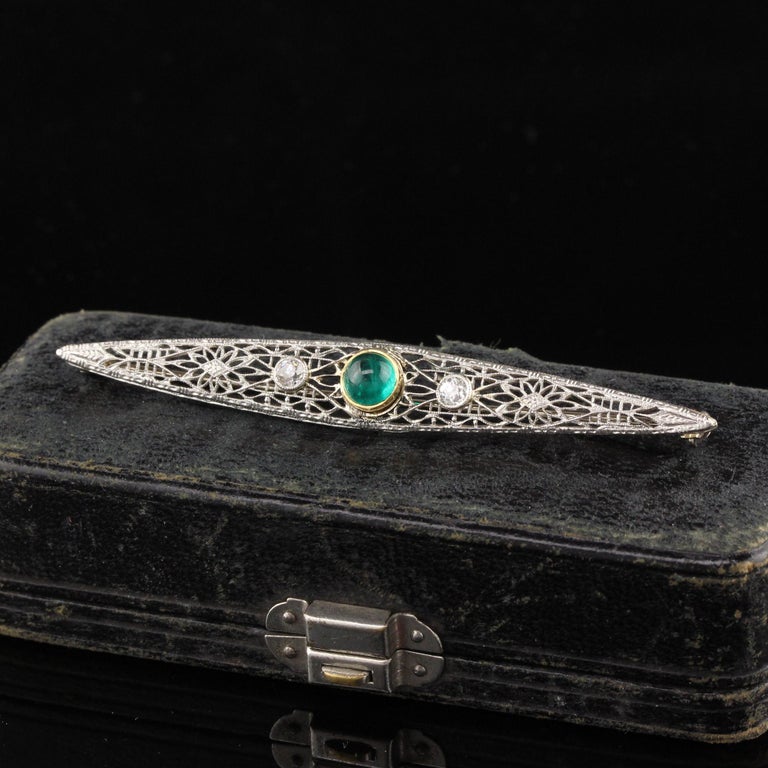 Antique Art Deco 14K White Gold Old Euro Diamond Emerald Filigree Pin ...