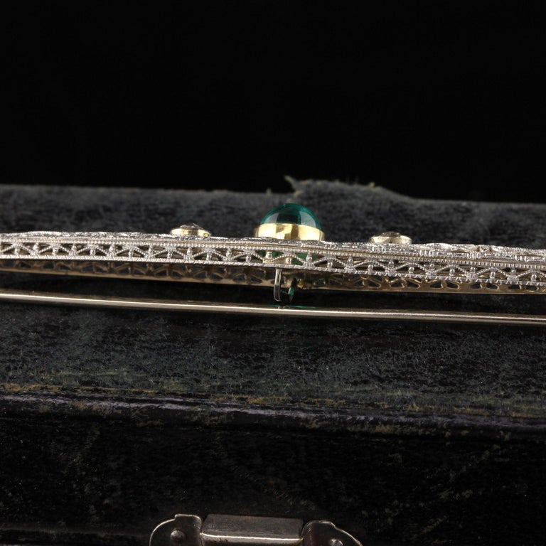 Antique Art Deco 14K White Gold Old Euro Diamond Emerald Filigree Pin ...