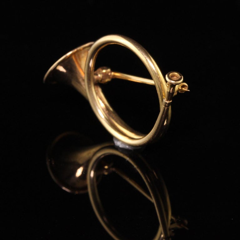 Antique Art Deco 14 Karat Yellow Gold Fox Hunt Horn Pin For Sale at 1stDibs