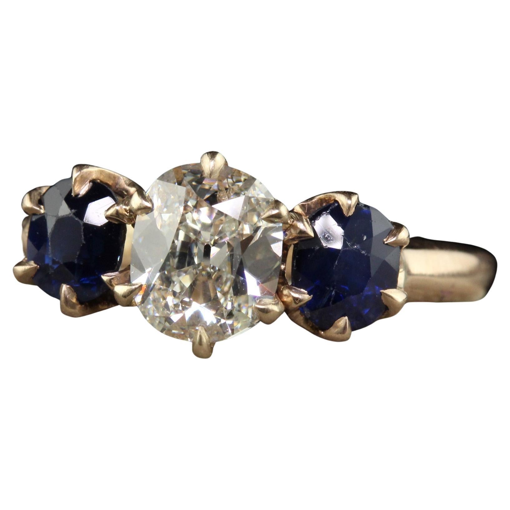 Antique Art Deco 14K Yellow Gold Old Cushion Cut Diamond Sapphire Three ...