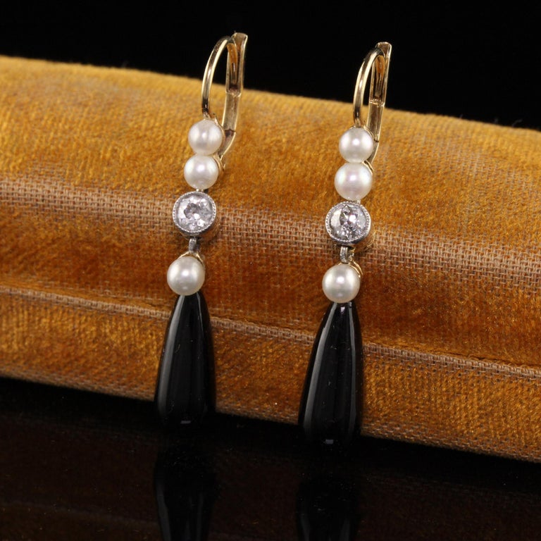 Antique Art Deco 14k Yellow Gold Old European Diamond and Onyx Drop ...