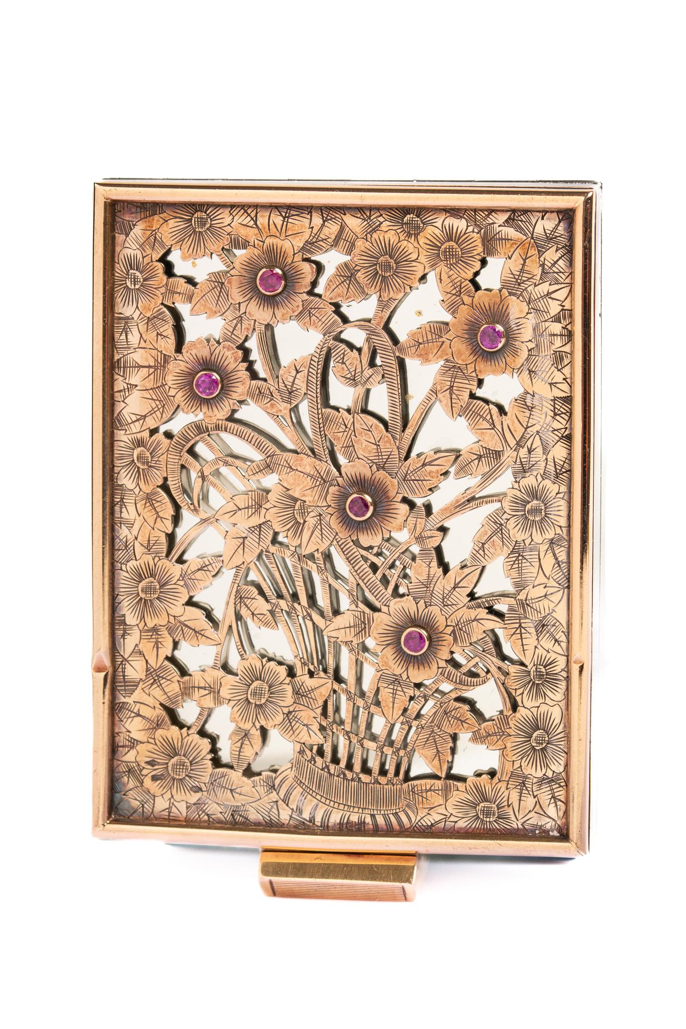 Antique Boucheron Art Deco 18ct Gold Silver And Ruby Compact Box For Sale at 1stDibs