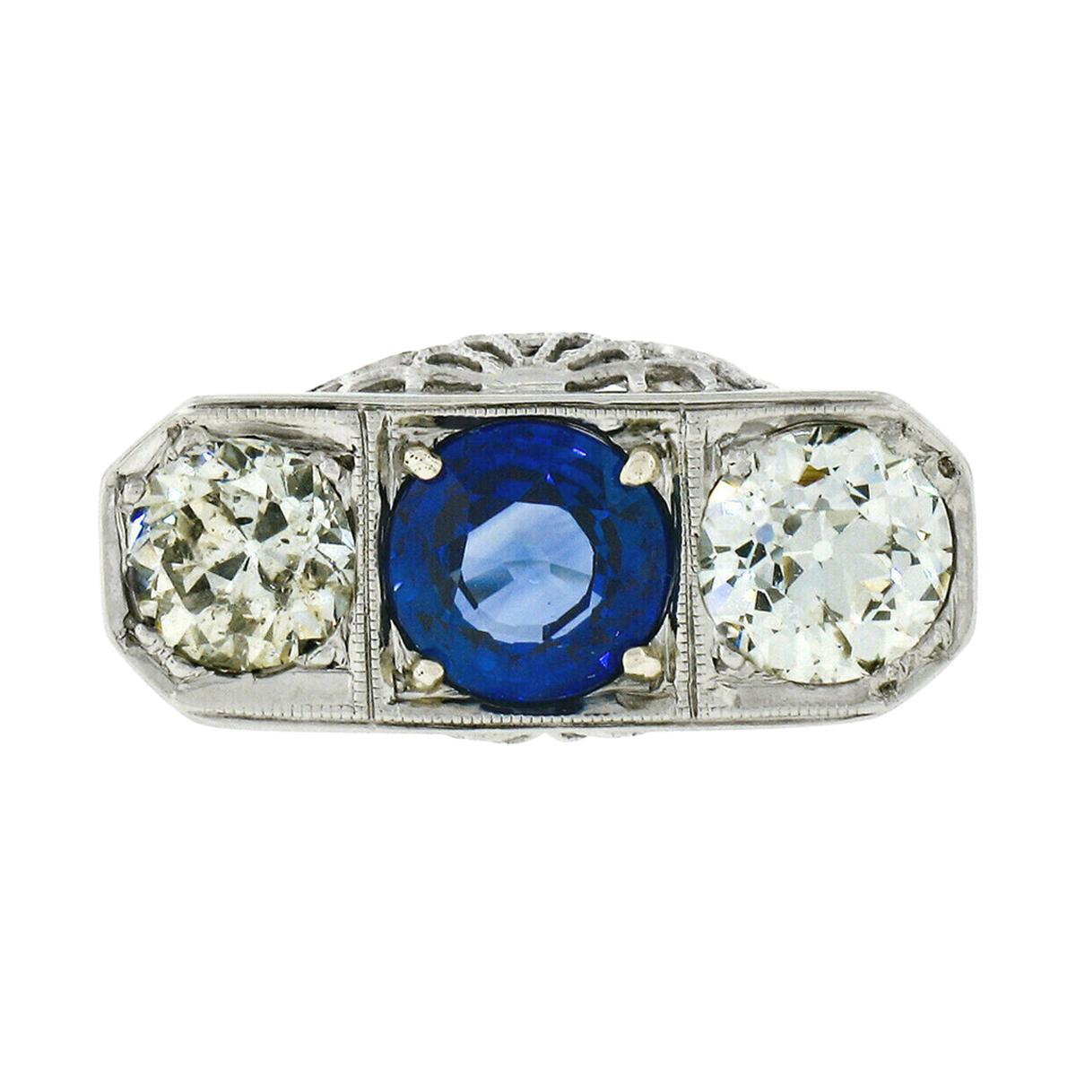 Antique Art Deco 18k Gold 3.20ct GIA Sapphire Diamond Filigree Three ...