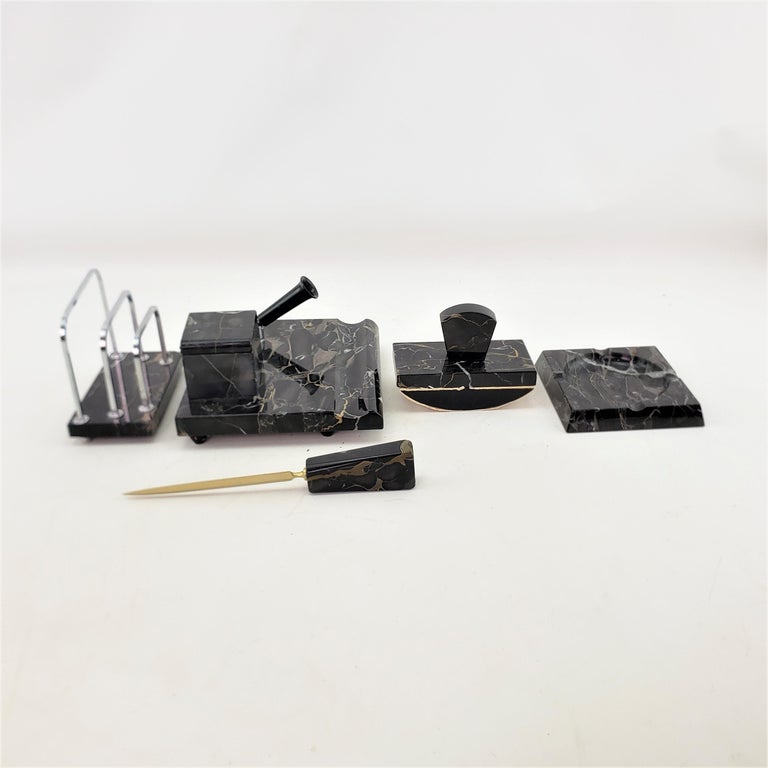 Antique Art Deco Black Marble Five Piece Desk Set with Chrome and Brass ...