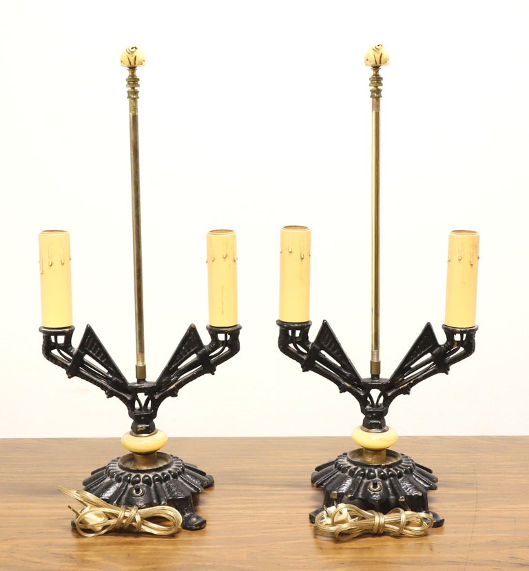 Antique Art Deco Black Painted Metal Double Candlestick Table Lamps ...
