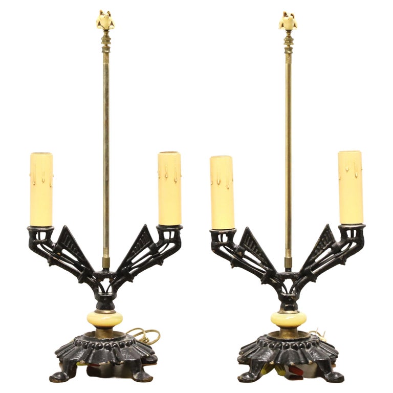 Antique Art Deco Black Painted Metal Double Candlestick Table Lamps ...