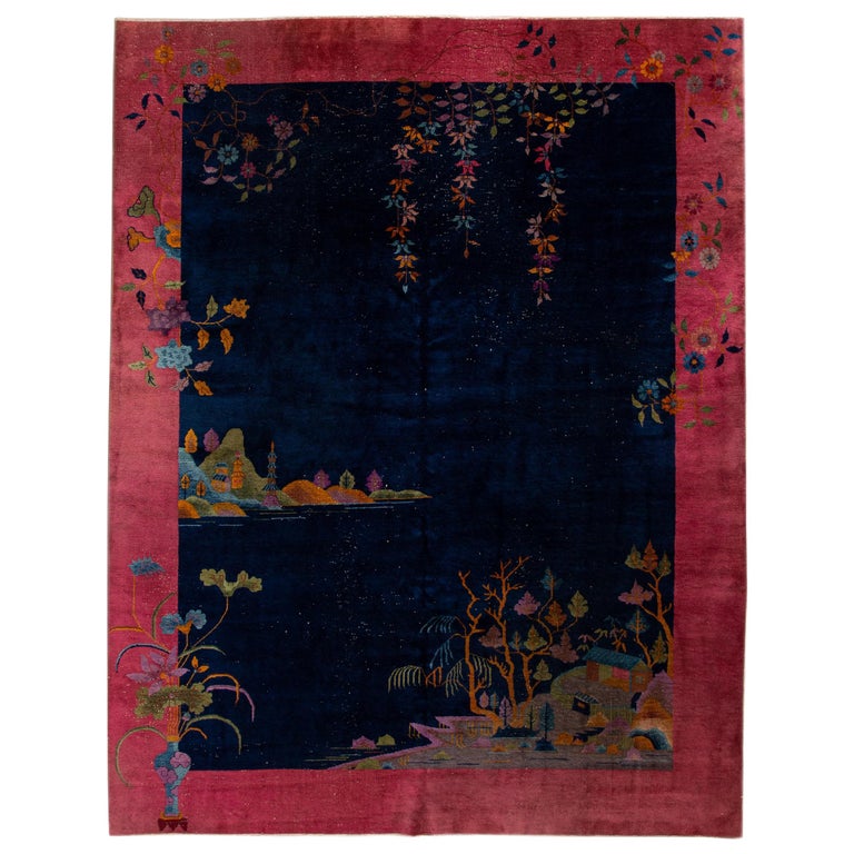 Antique Art Deco Blue and Red Chinese Handmade Wool Rug For Sale at 1stDibs