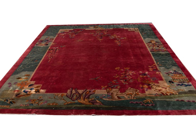 Antique Art Deco Brigth Red Traditional Chinese Handmade Wool Rug For ...