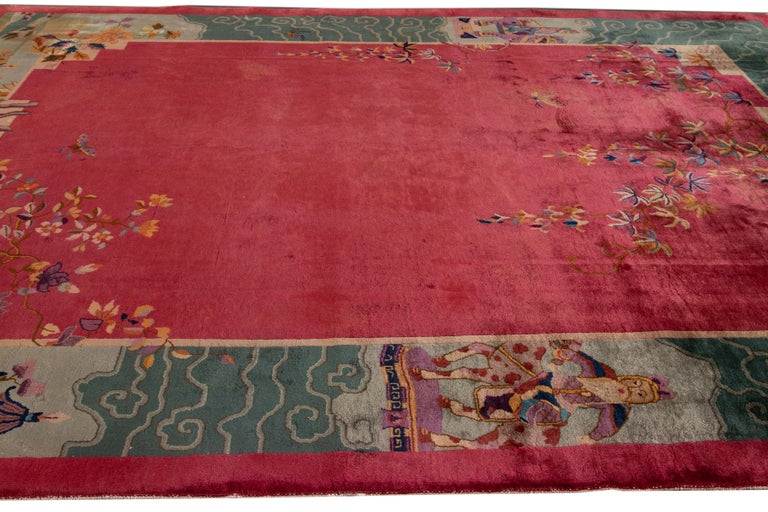 Antique Art Deco Brigth Red Traditional Chinese Handmade Wool Rug For ...