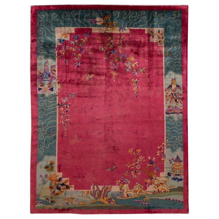 Antique Art Deco Brigth Red Traditional Chinese Handmade Wool Rug For ...