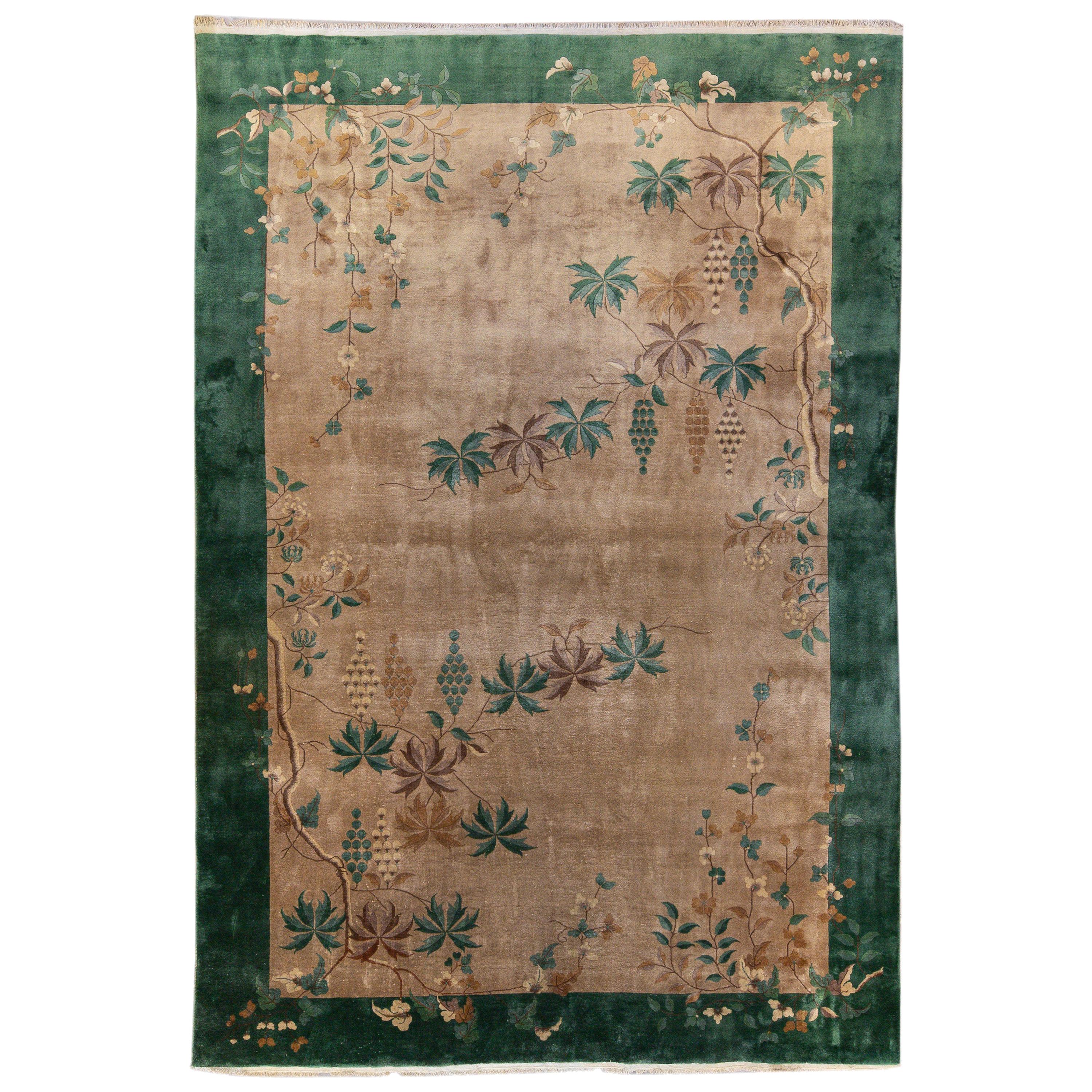 Midcentury Chinese Art Deco Brown, Green and Ivory Handwoven Wool Rug ...
