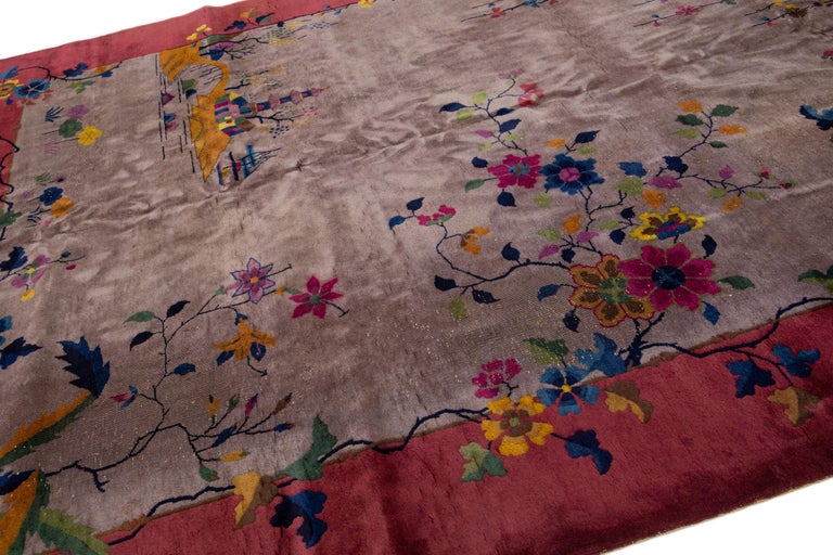 Antique Art Deco Brown and Red Chinese Handmade Wool Rug For Sale at ...