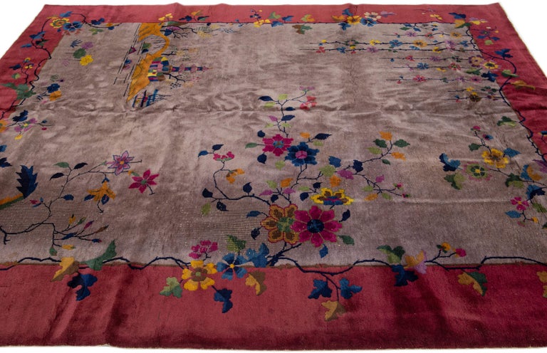 Antique Art Deco Brown and Red Chinese Handmade Wool Rug For Sale at ...