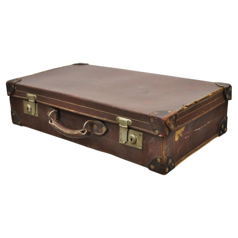Antique Art Deco Brown Leather English 25" Luggage Travel Suitcase For ...