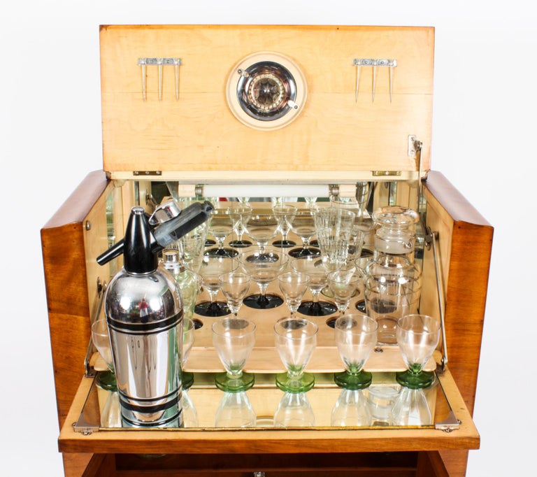 Antique Art Deco Burr Walnut Cocktail Cabinet Dry Bar and Glassware ...