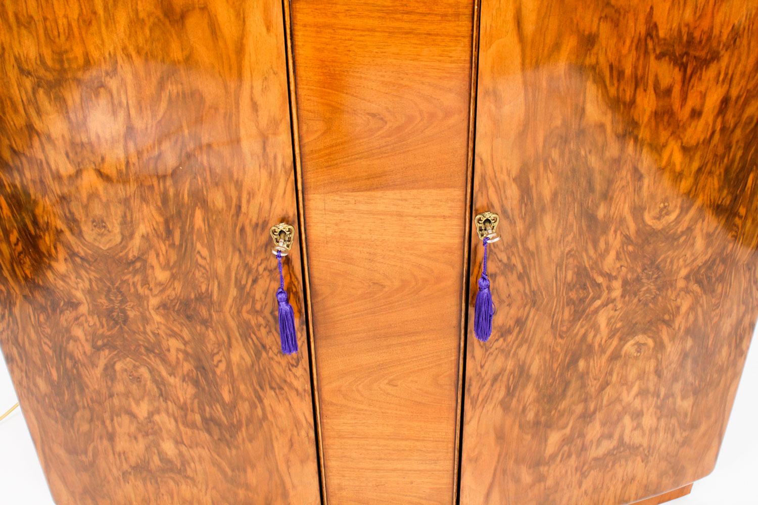 Antique Art Deco Burr Walnut Half Moon Cocktail Bar, 1920s at 1stDibs