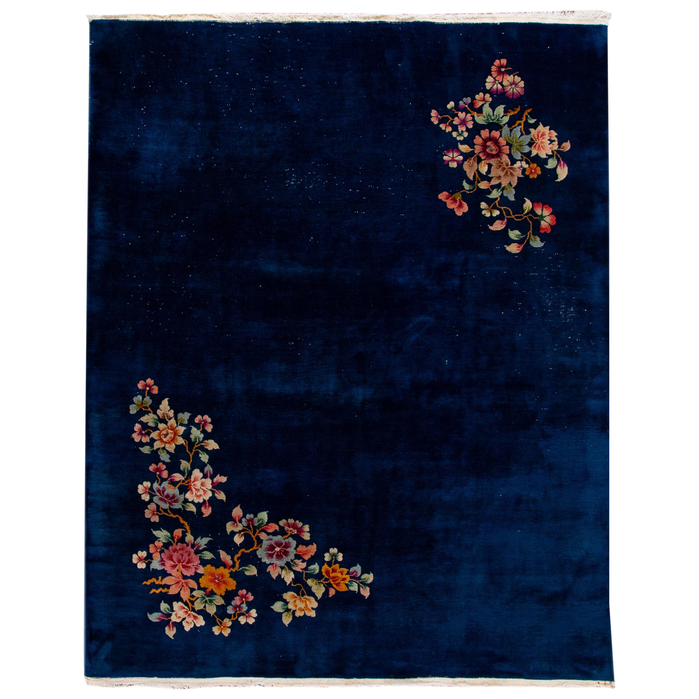 Navy-Blue Antique Art Deco Chinese Handmade Wool Rug with Floral Design ...